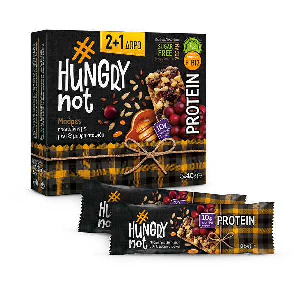 Μπάρες πρωτείνης HUNGRY NOT με μέλι και μαύρη σταφίδα 3x45gr (2+1 δώρο)