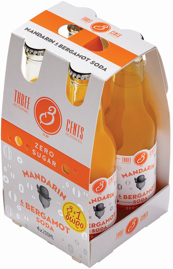 Σόδα THREE CENTS mandarin & bergamot zero 4x200ml (3+1 δώρο)