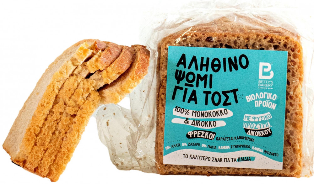 Ψωμί τοστ BETTY'S BAKERY με δίκοκκο σιτάρι χωρίς αλάτι 340gr