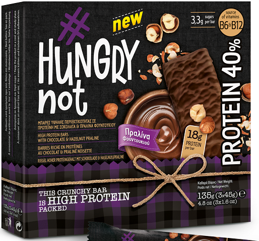 Μπάρες πρωτείνης HUNGRY NOT με σοκολάτα και πραλίνα φουντουκιού 3x45gr